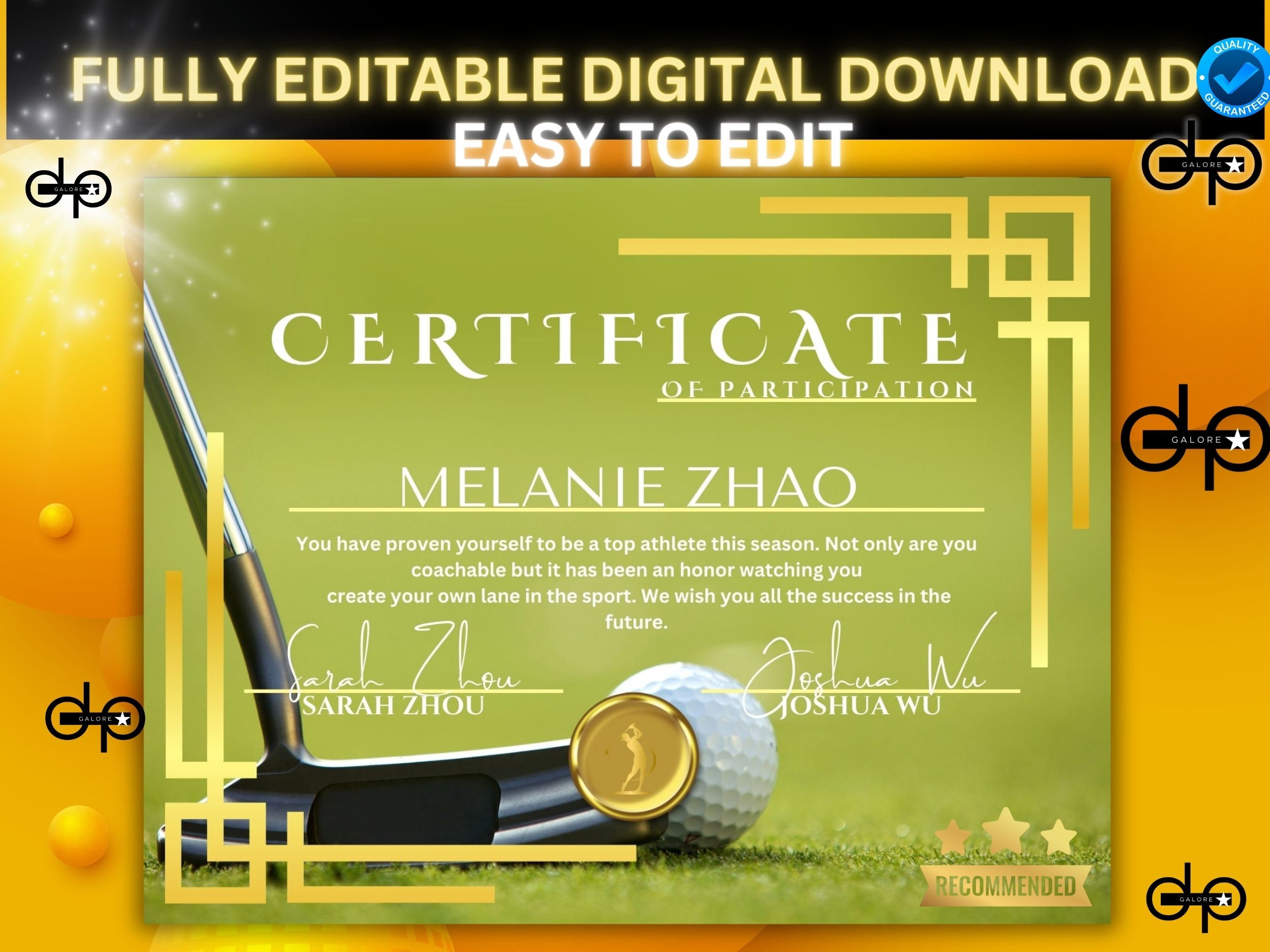 Editable Golf Certificate, Golf Award, Editable Golf Award, Gold Trophy ...