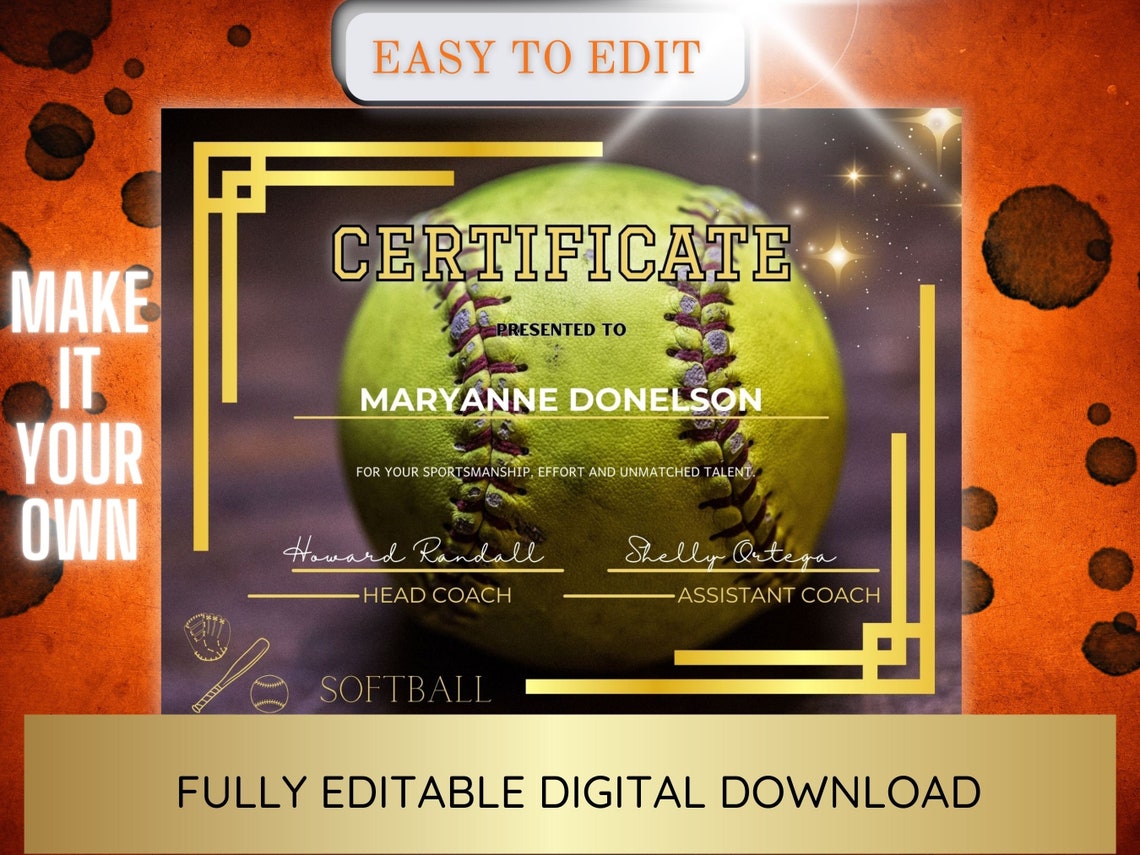 Softball Award Certificate, End of Season Team Award, Editable Softball ...