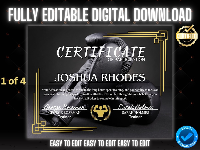 Instant Download Printable Boxing 8.5x11 Certificate, Boxing Award ...