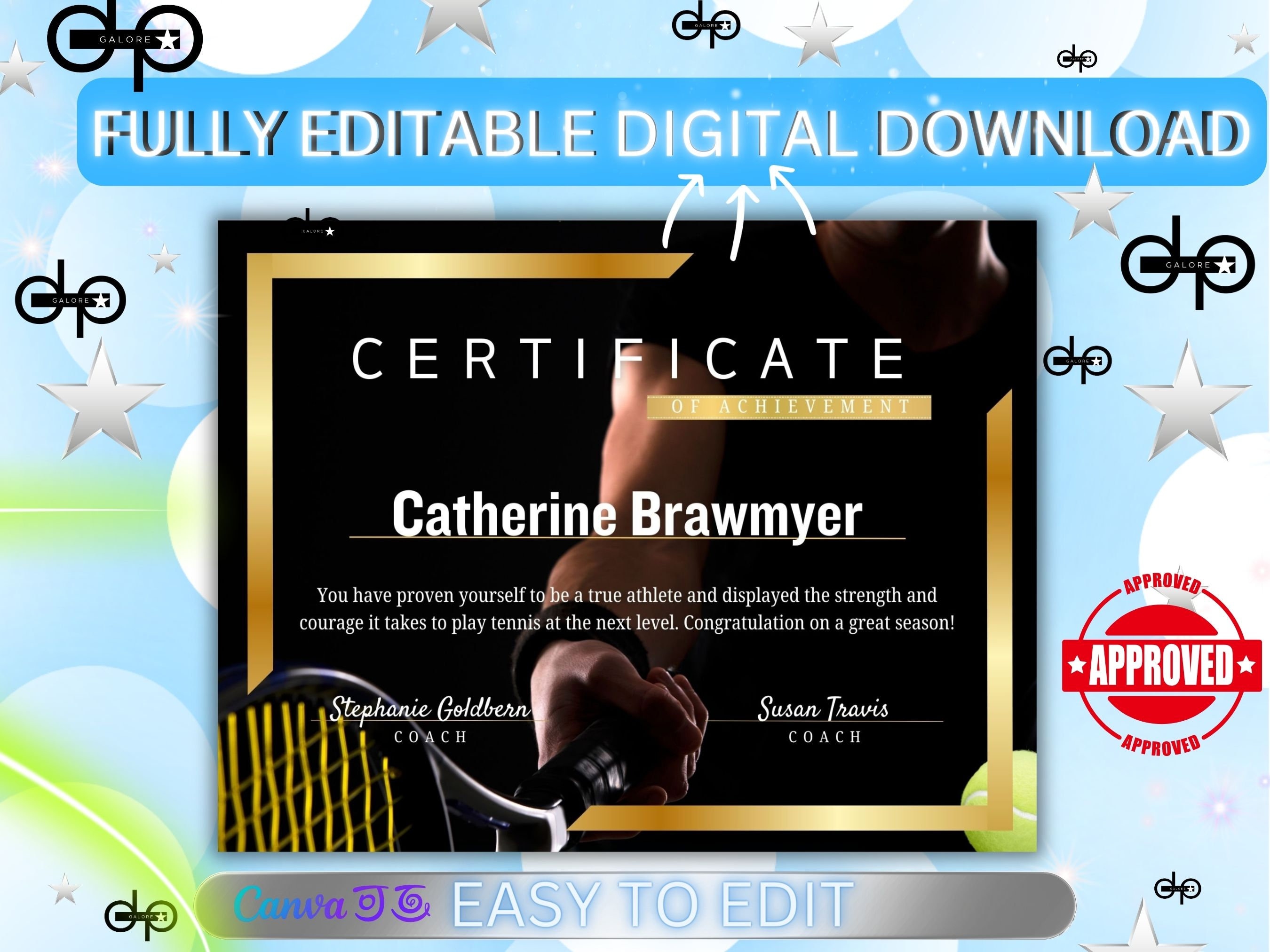 Tennis Certificate, Editable Tennis Certificate Award, Tennis Trophy ...