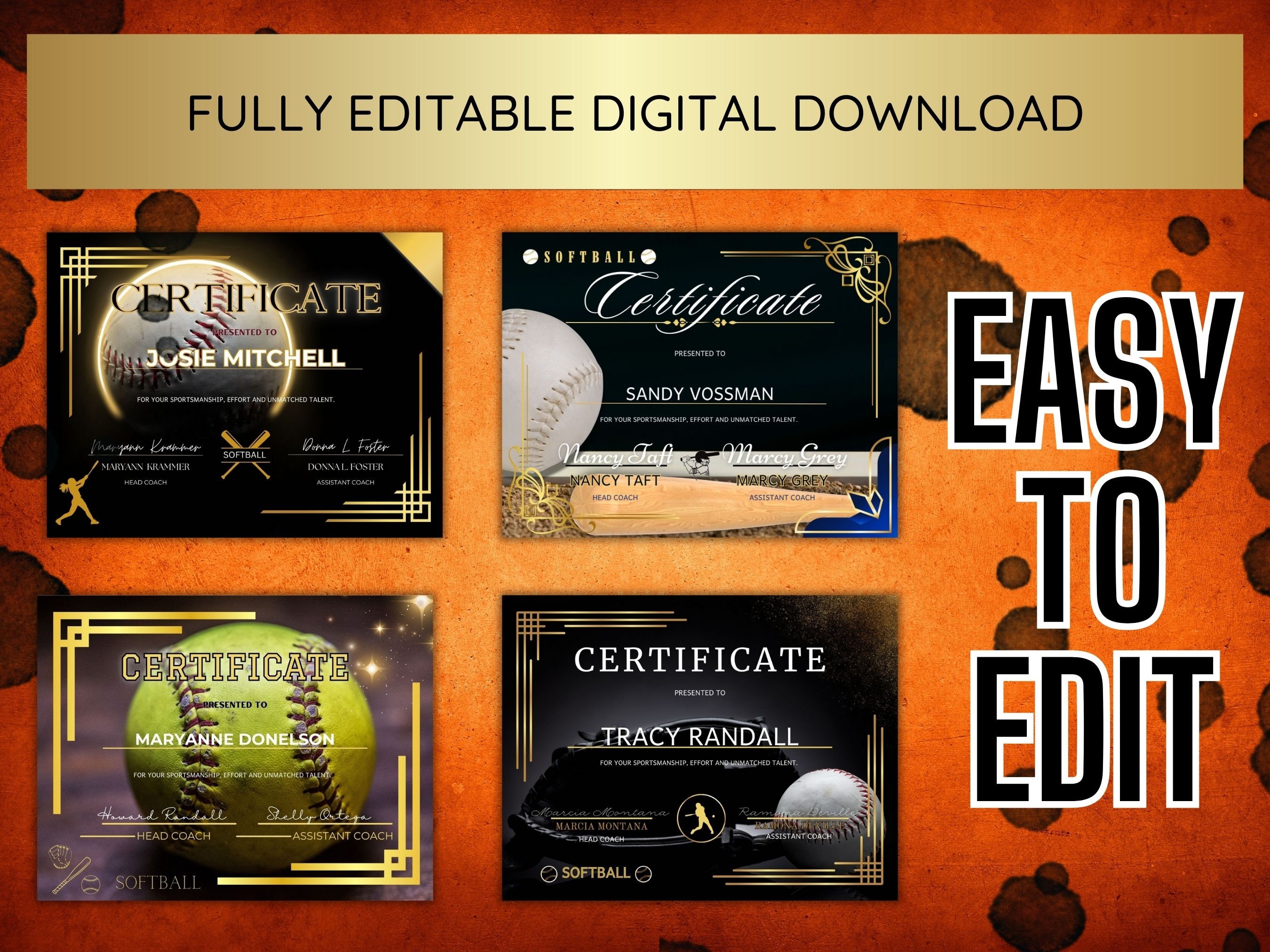 Softball Award Certificate, End of Season Team Award, Editable Softball ...