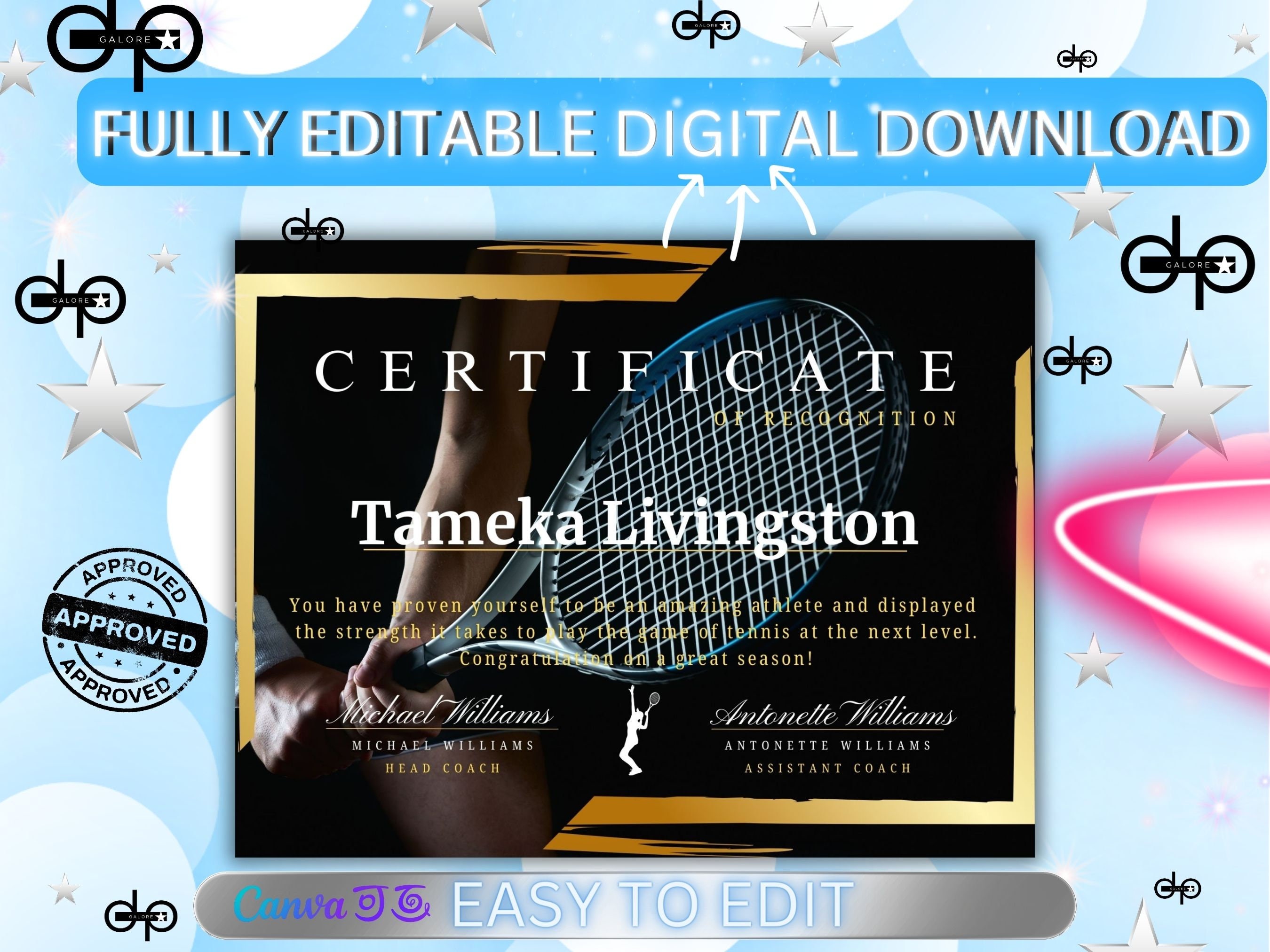 Tennis Certificate, Editable Tennis Certificate Award, Tennis Trophy ...