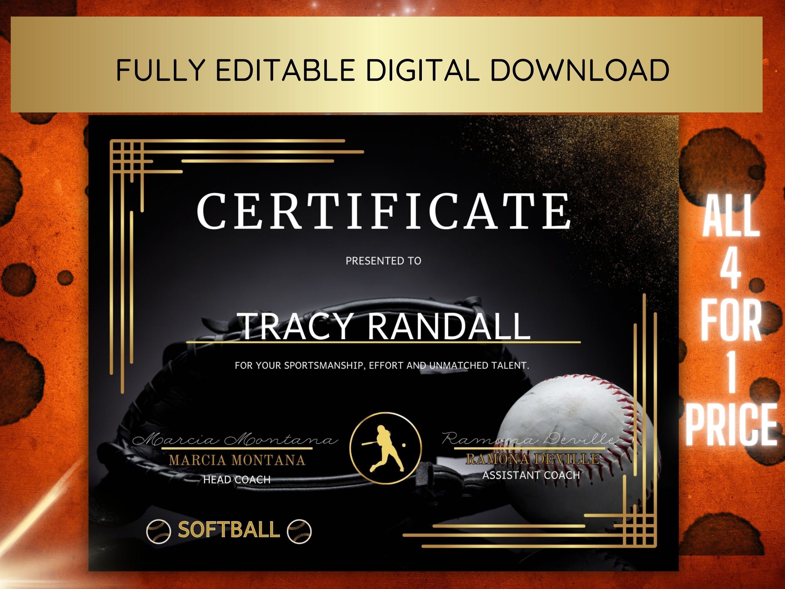 Softball Award Certificate, End of Season Team Award, Editable Softball ...