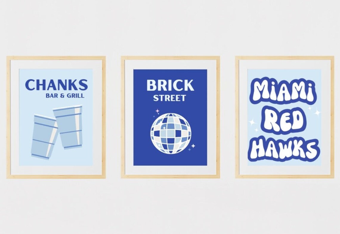 Blue and Navy Miami University Print Set, Oxford Gallery Art, Aesthetic ...