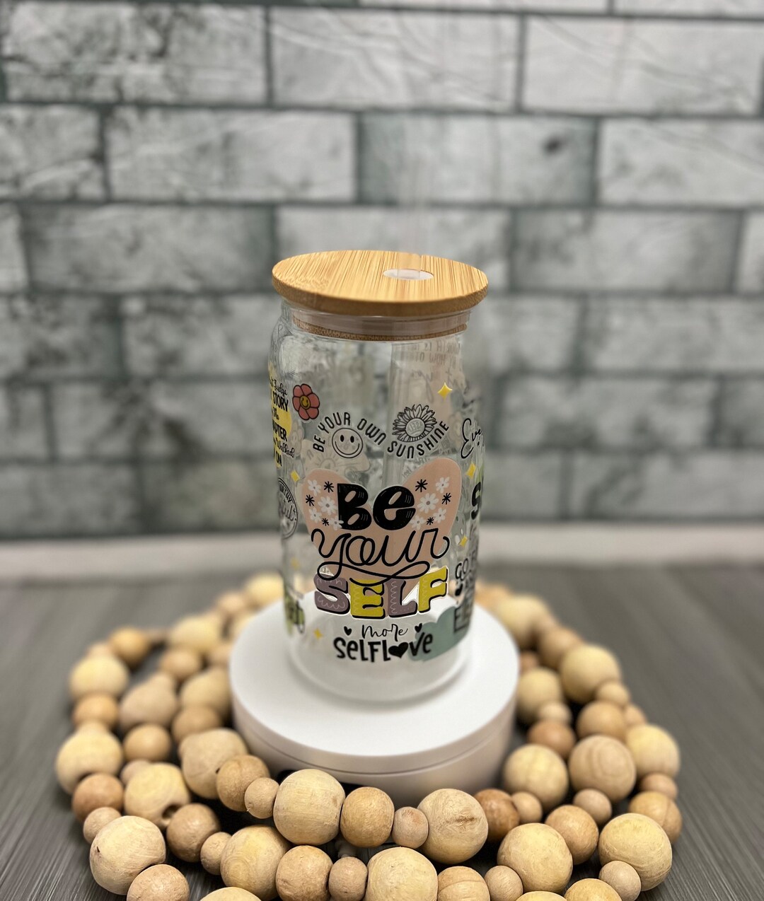 Be Yourself, Self Love, Self Care 16oz Glass Cup With Bamboo Lid, Straw ...