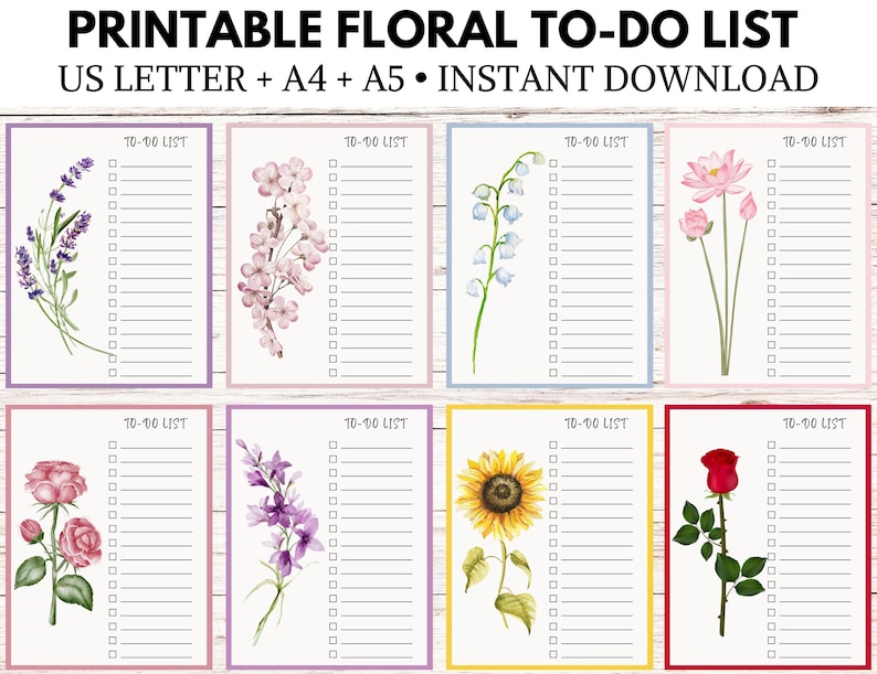 Floral To-do List Printable, US Letter, A4, A5 (PDF) - Etsy