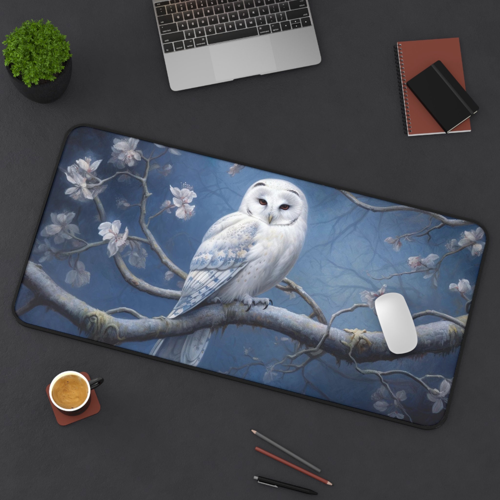 White Owl Desk Mat, Owl Desk Mat, Winter Mousepad, Computer Desk Mat ...