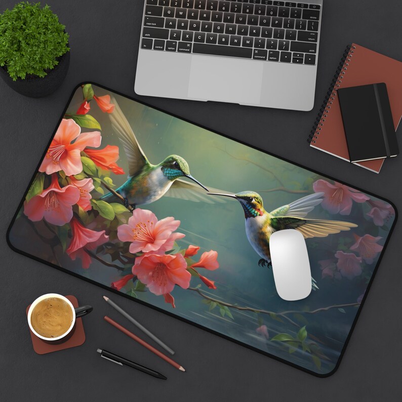 Hummingbird Desk Mat, Bird Desk Mat, Birds and Flowers Desk Mat, Office ...