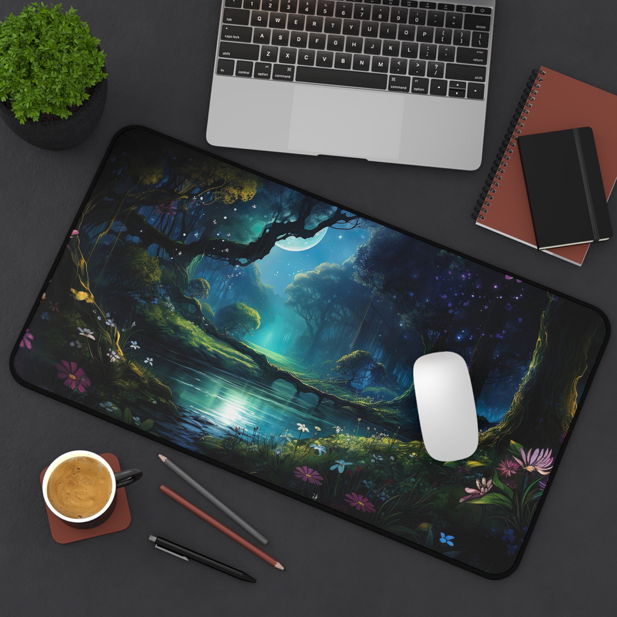 Moonlit Forest Desk Mat, Moon Desk Mat, Computer Desk Mat, Gaming Desk ...