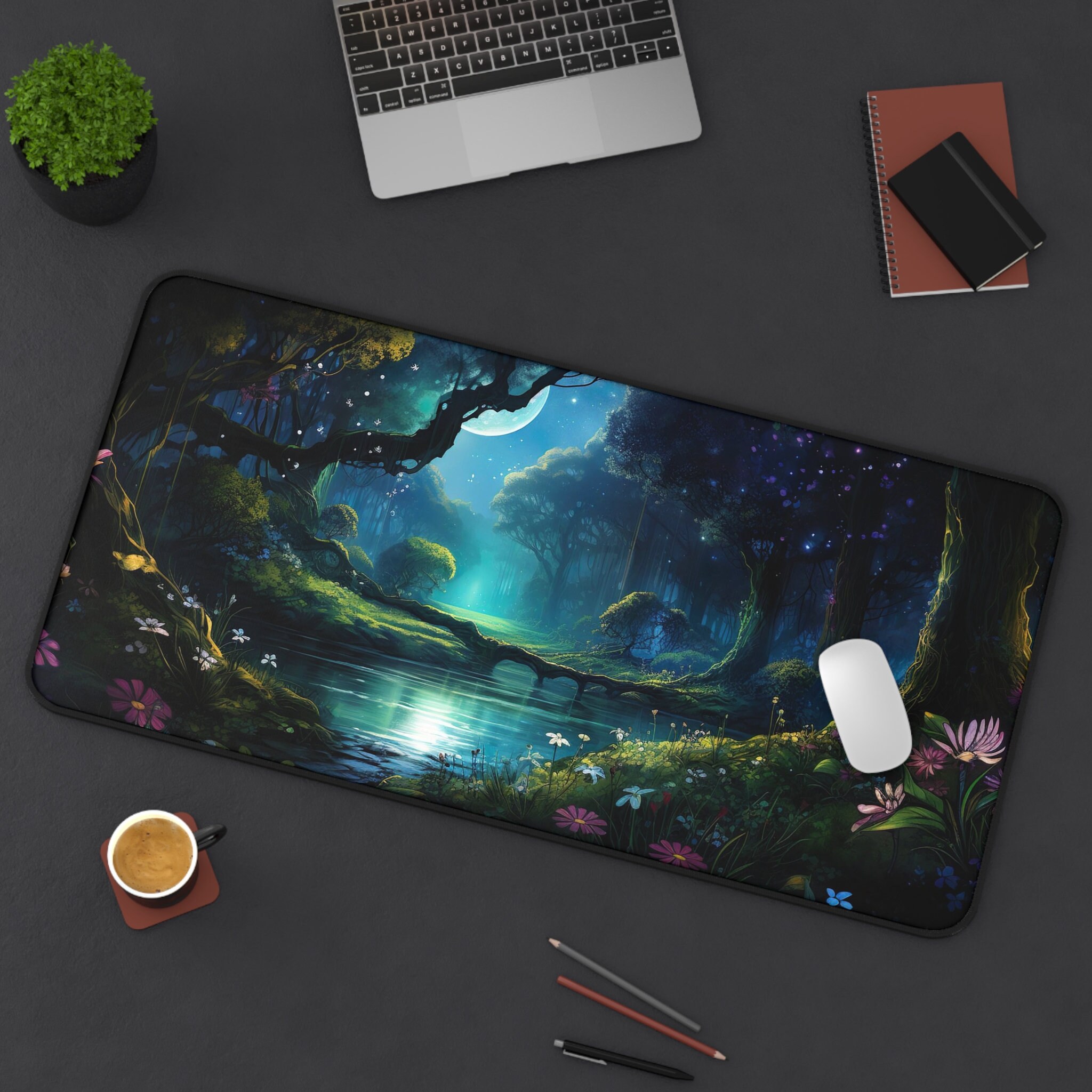 Moonlit Forest Desk Mat, Moon Desk Mat, Computer Desk Mat, Gaming Desk ...