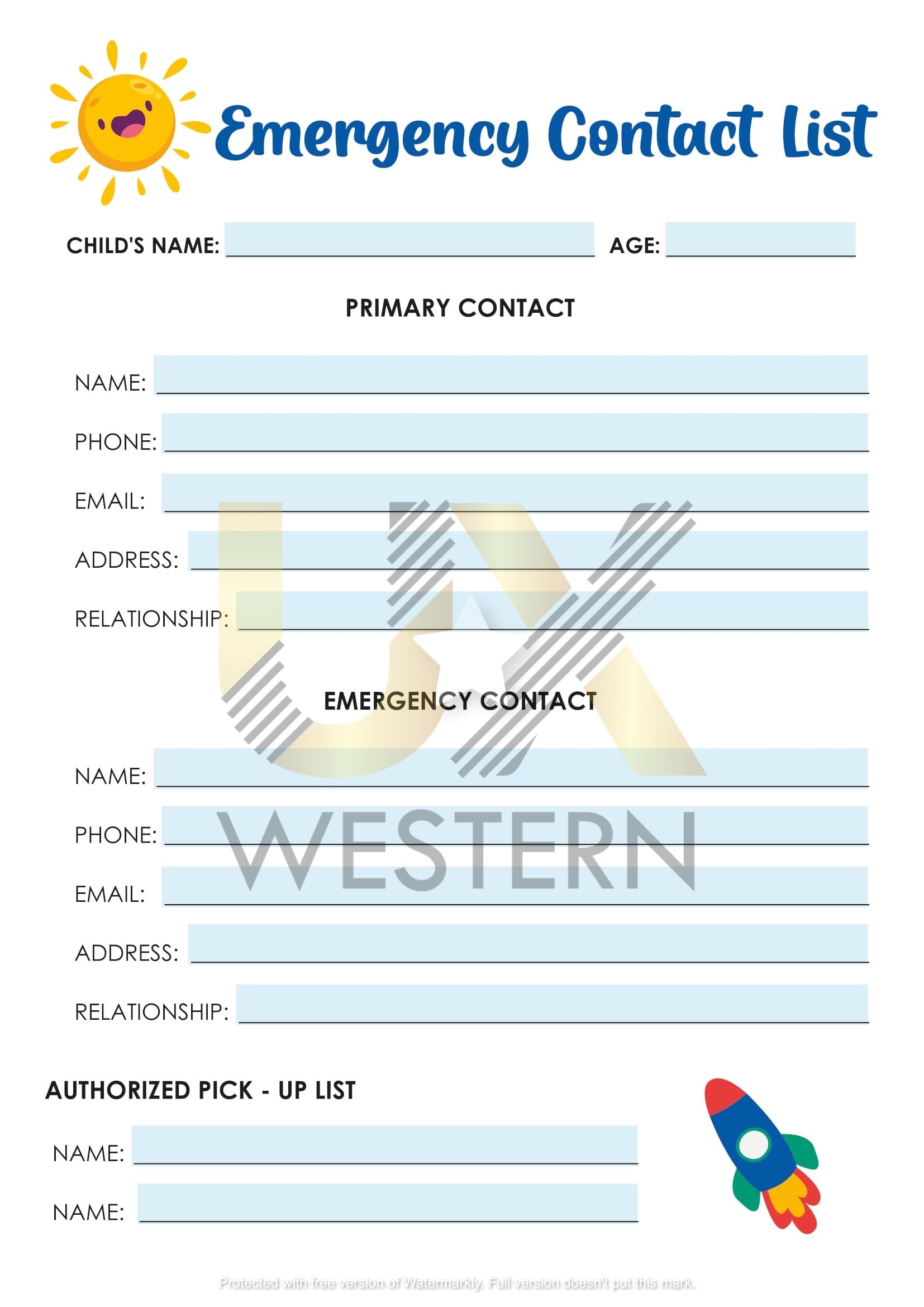 Emergency Contact Daycare Form | Daycare Starter Forms - Etsy