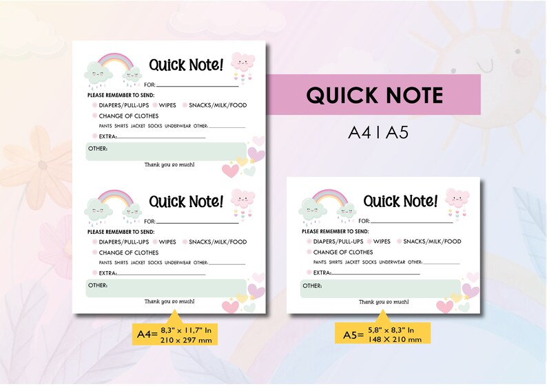 Quick Note / Note Cards / Daycare Home / Editable Nursery Reminder ...