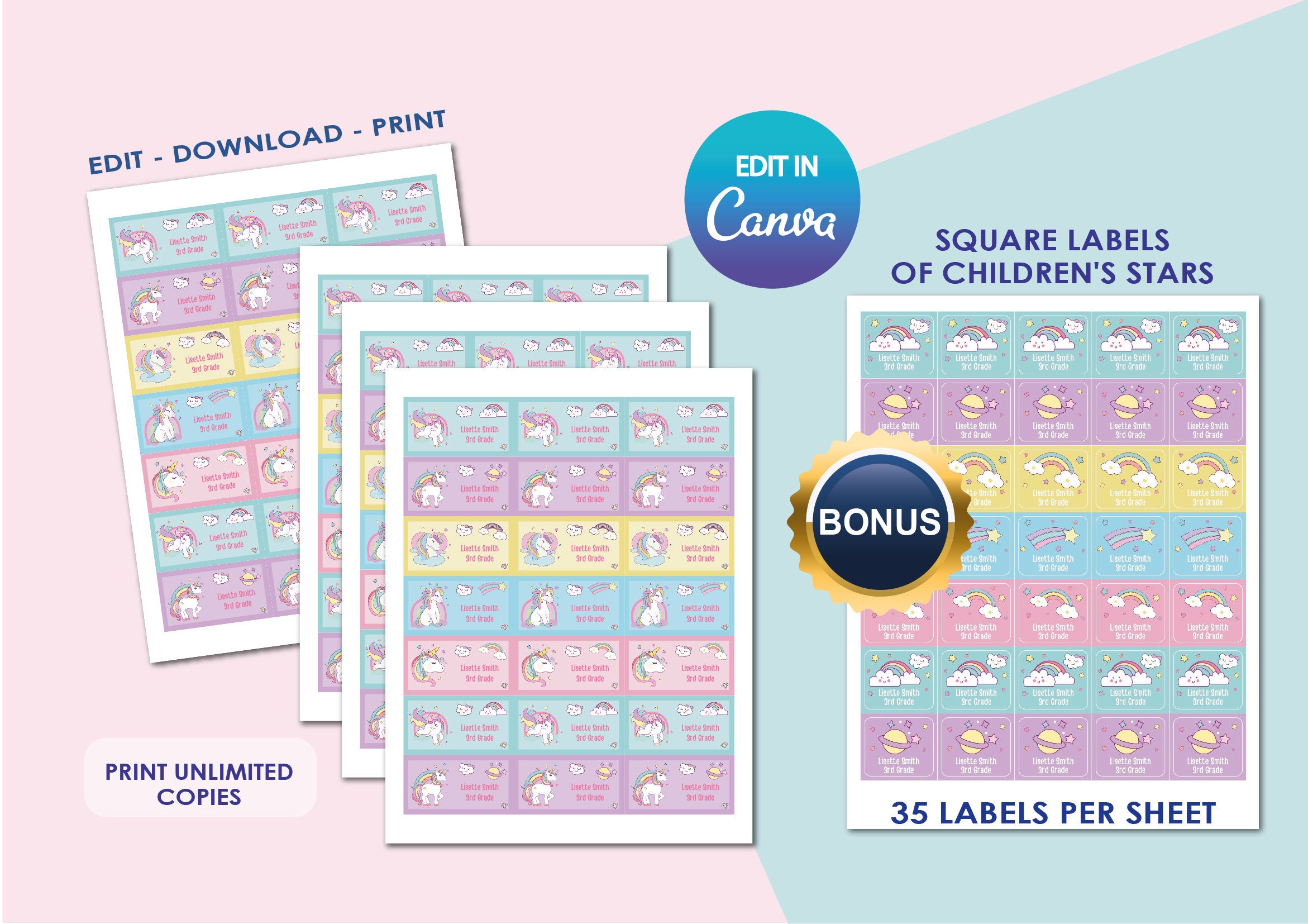 Unicorn Name Labels | Editable Unicorn School Labels for Girls ...