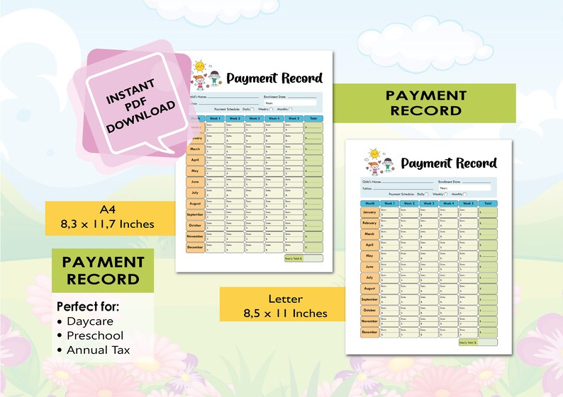 PAYMENT RECORD, Tuition Log, Ideal for Daycare Center, Home Daycare ...