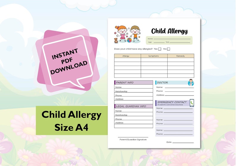 Child Allergy Form: Daycare Printable, Keep Kids Safe (PDF) - Etsy