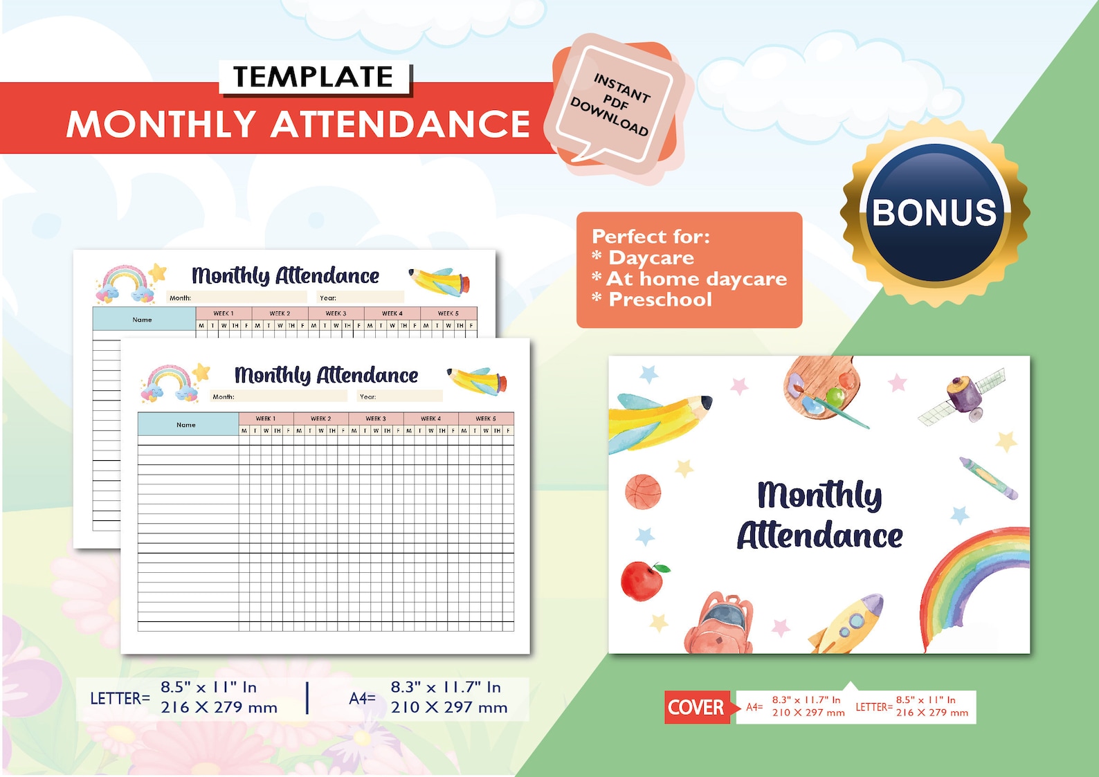 Monthly Attendance Sheet | Daycare Forms | PDF Fillable | Preschool ...