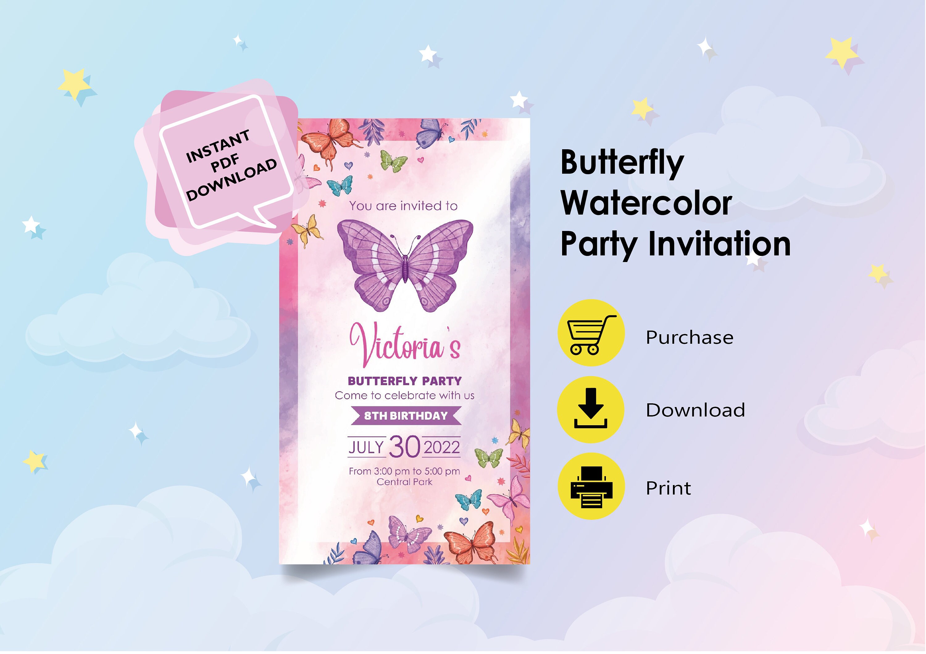 Butterfly Watercolor Party Invitation | Editable Canva Template ...