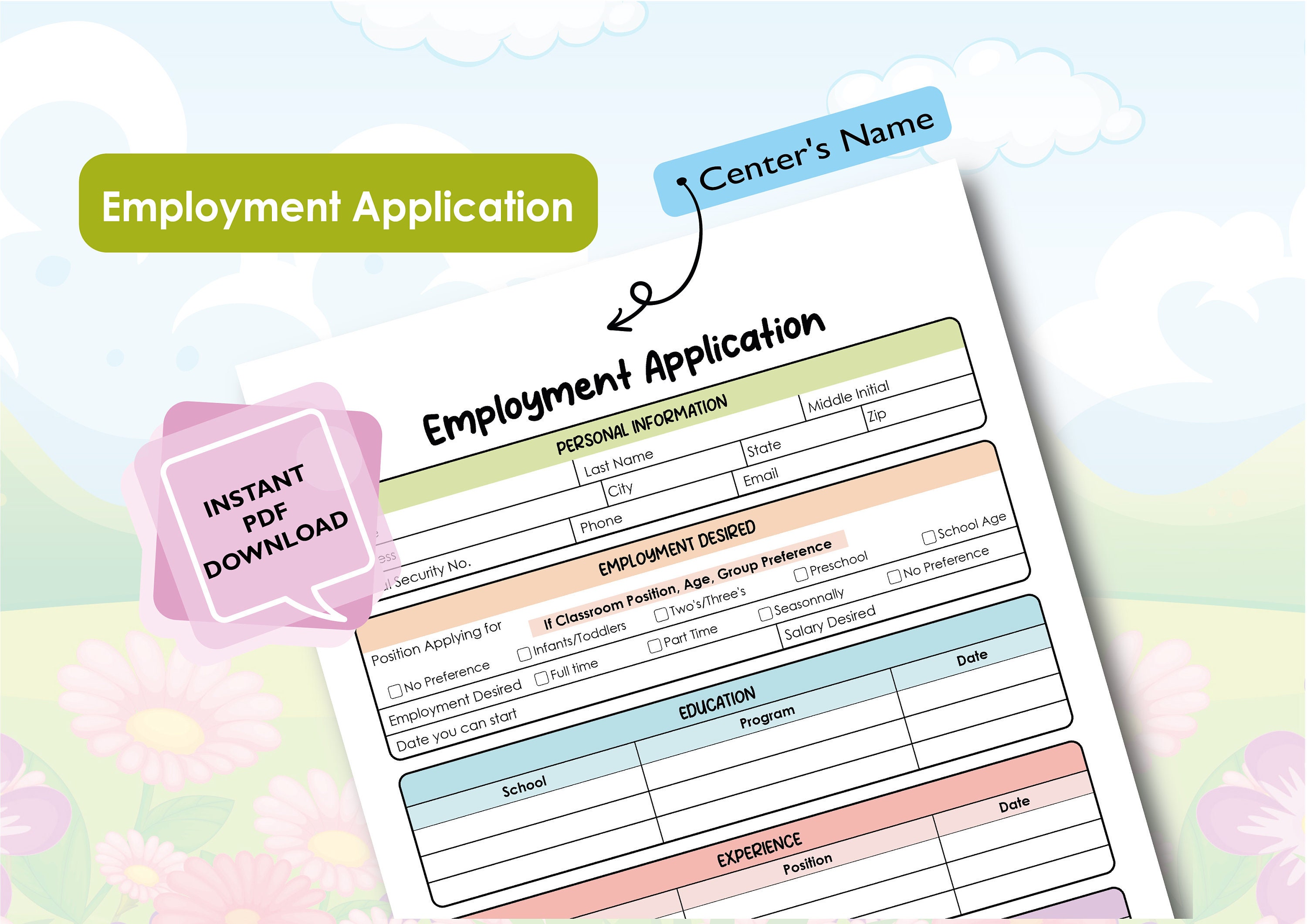 Employee Application for Daycare / Preschool / in Home Daycare ...