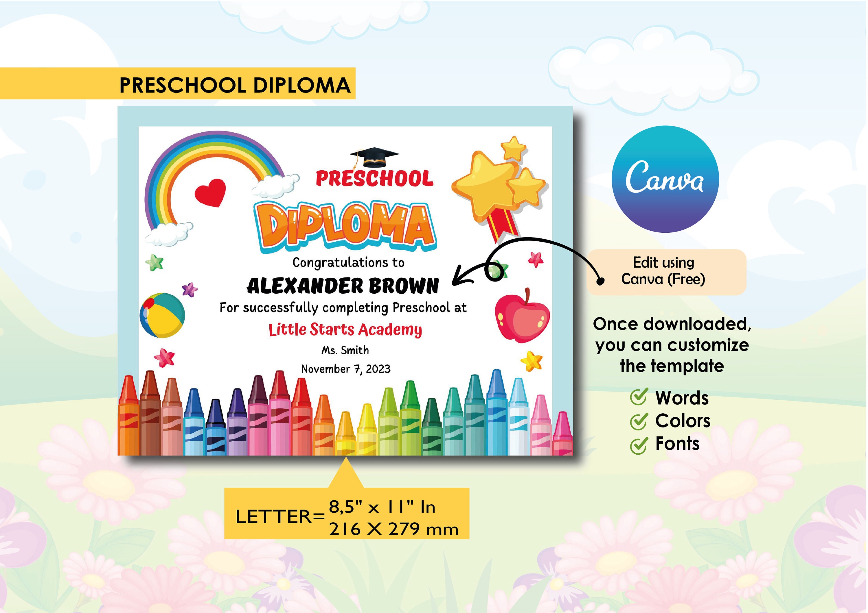 Editable Preschool Diploma in Canva | Prekindergarten Diploma Template ...
