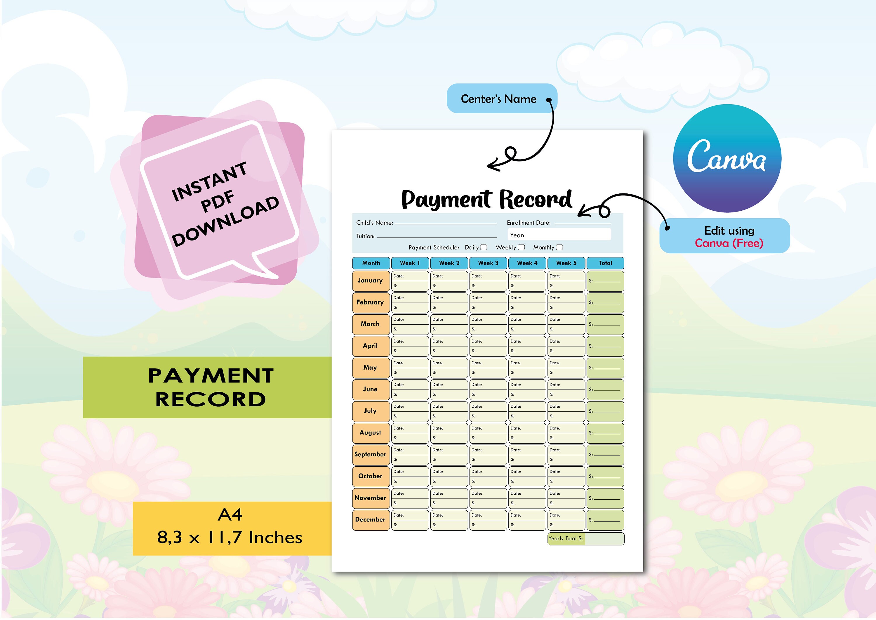 PAYMENT RECORD, Tuition Log, Ideal for Daycare Center, Home Daycare ...