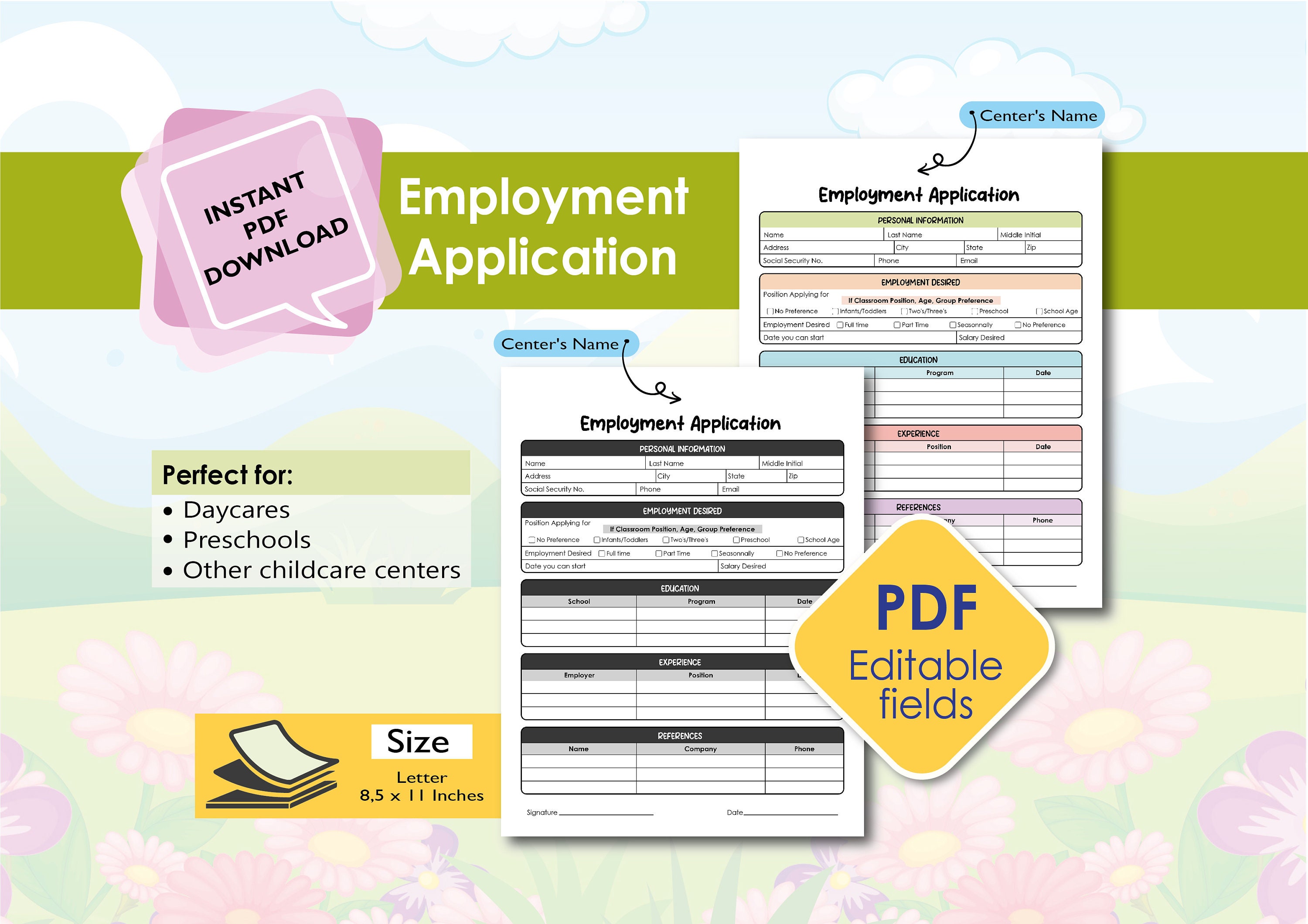 Employee Application for Daycare / Preschool / in Home Daycare ...