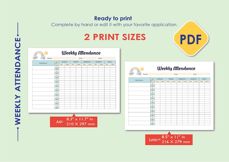 Weekly Attendance Sheet | Daycare Forms | PDF Fillable | Preschool ...