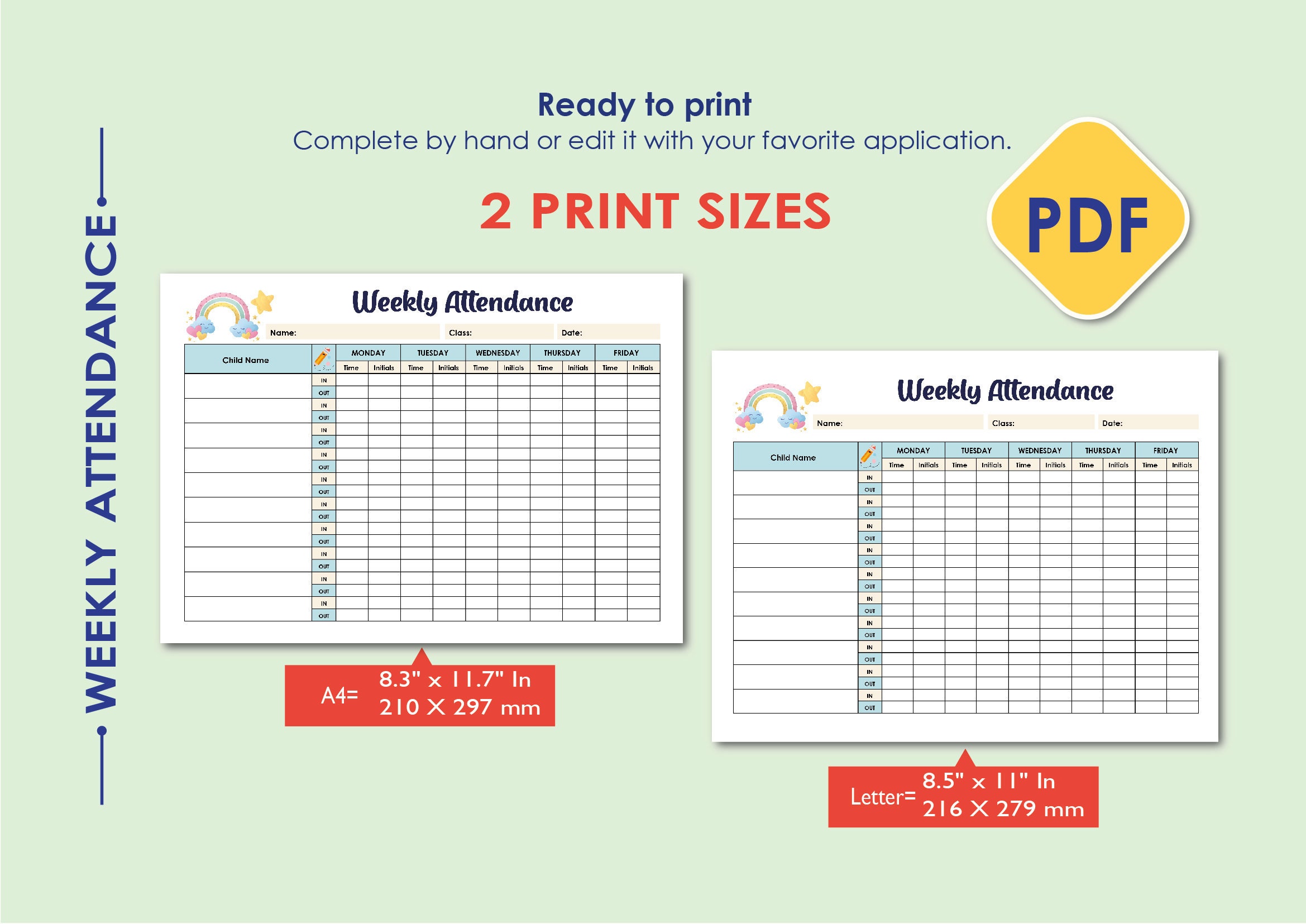 Weekly Attendance Sheet | Daycare Forms | PDF Fillable | Preschool ...