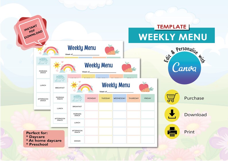 Daycare Weekly Menu Printable: Homeschool Meal Planner (canva Template ...