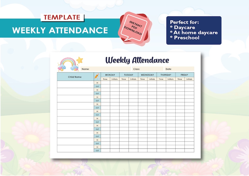 Weekly Attendance Sheet | Daycare Forms | PDF Fillable | Preschool ...