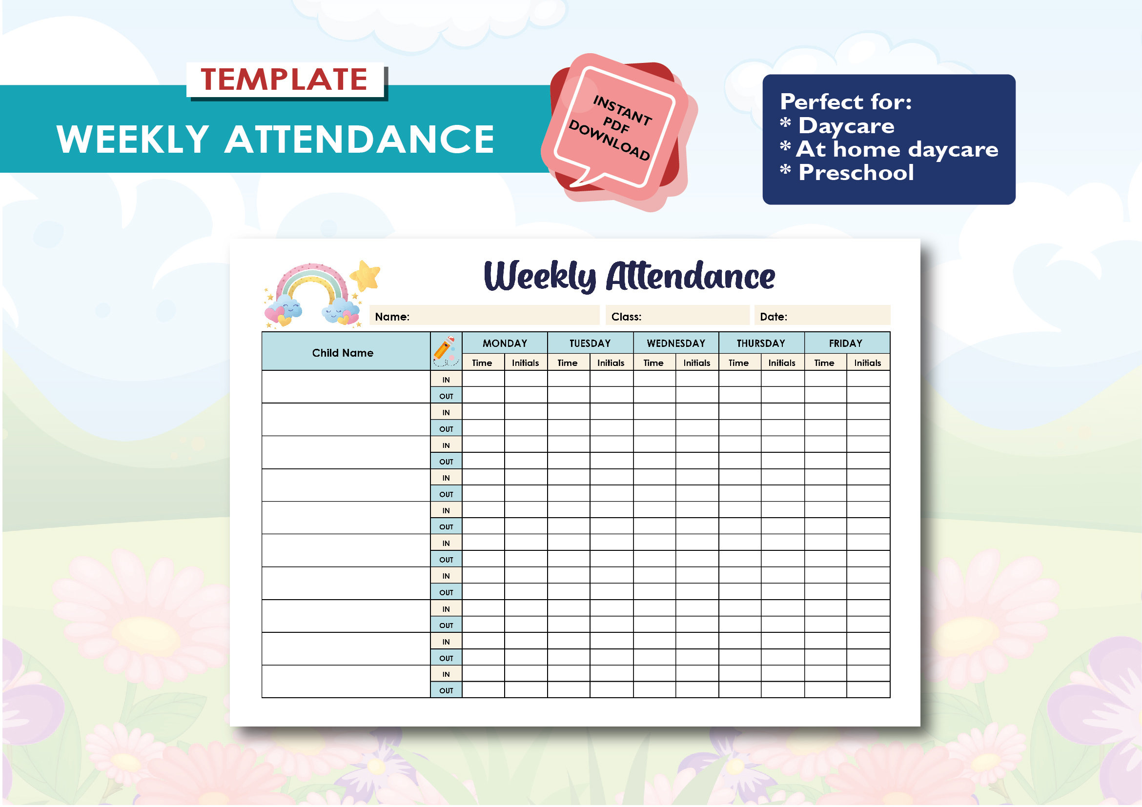 Weekly Attendance Sheet | Daycare Forms | PDF Fillable | Preschool ...