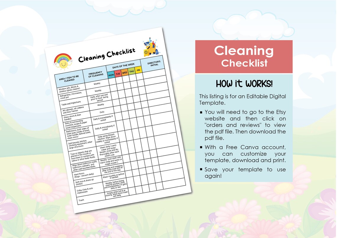 Daycare Cleaning Checklist: Editable Weekly Routine (digital Download ...