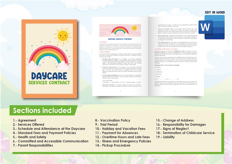 Daycare Services Contract | Parents Handbook | Contract Template | Word ...
