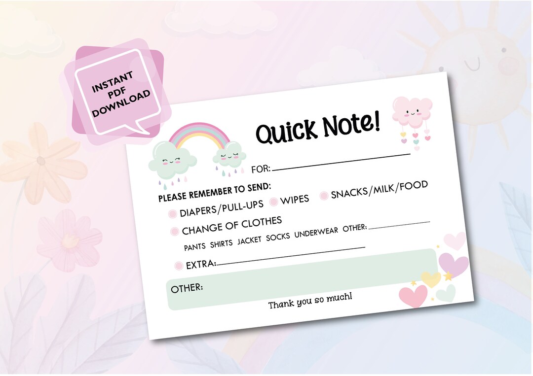 Quick Note / Note Cards / Daycare Home / Editable Nursery Reminder ...