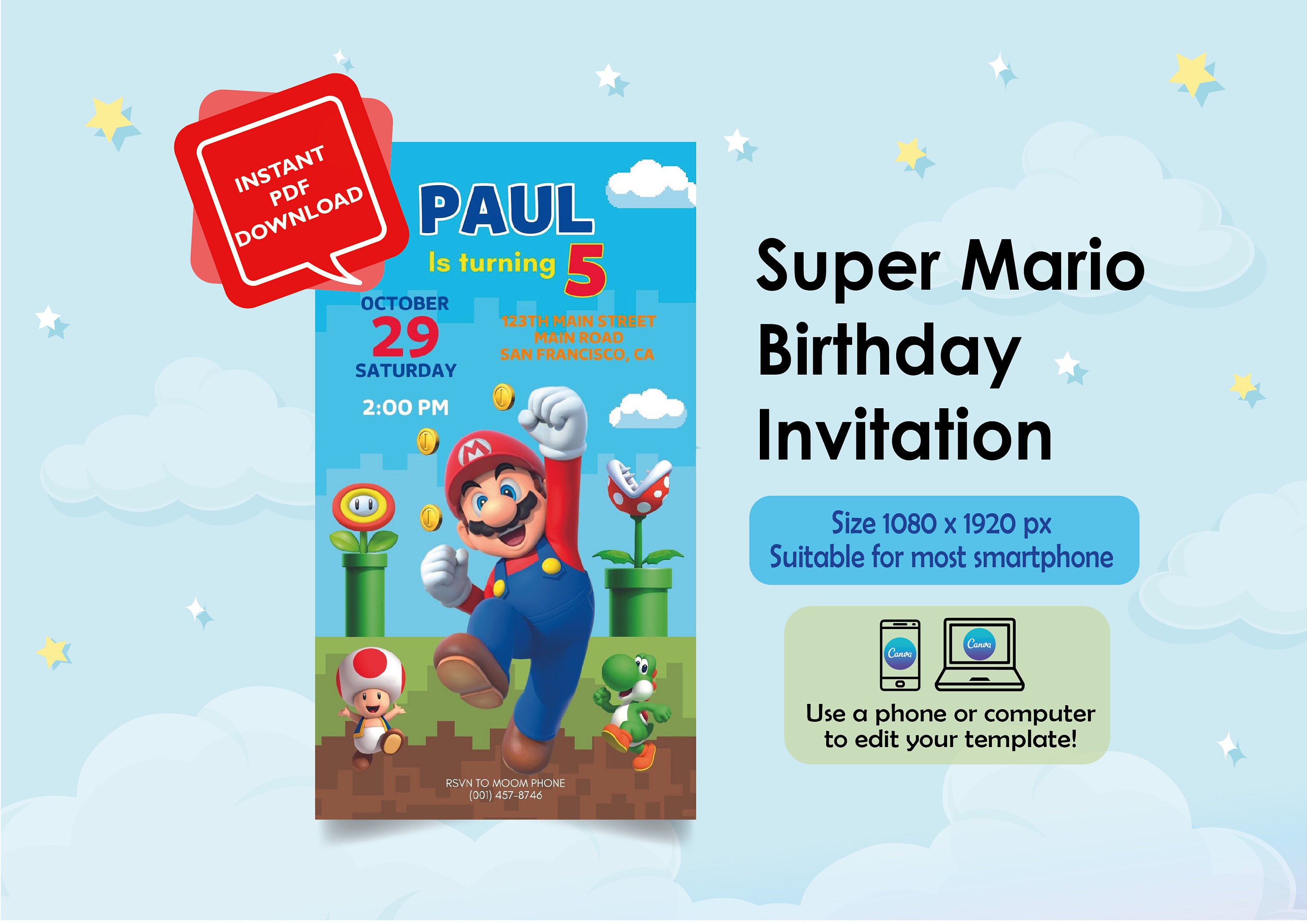 Invitación de cumpleaños de Super Mario / Plantilla Canva editable ...
