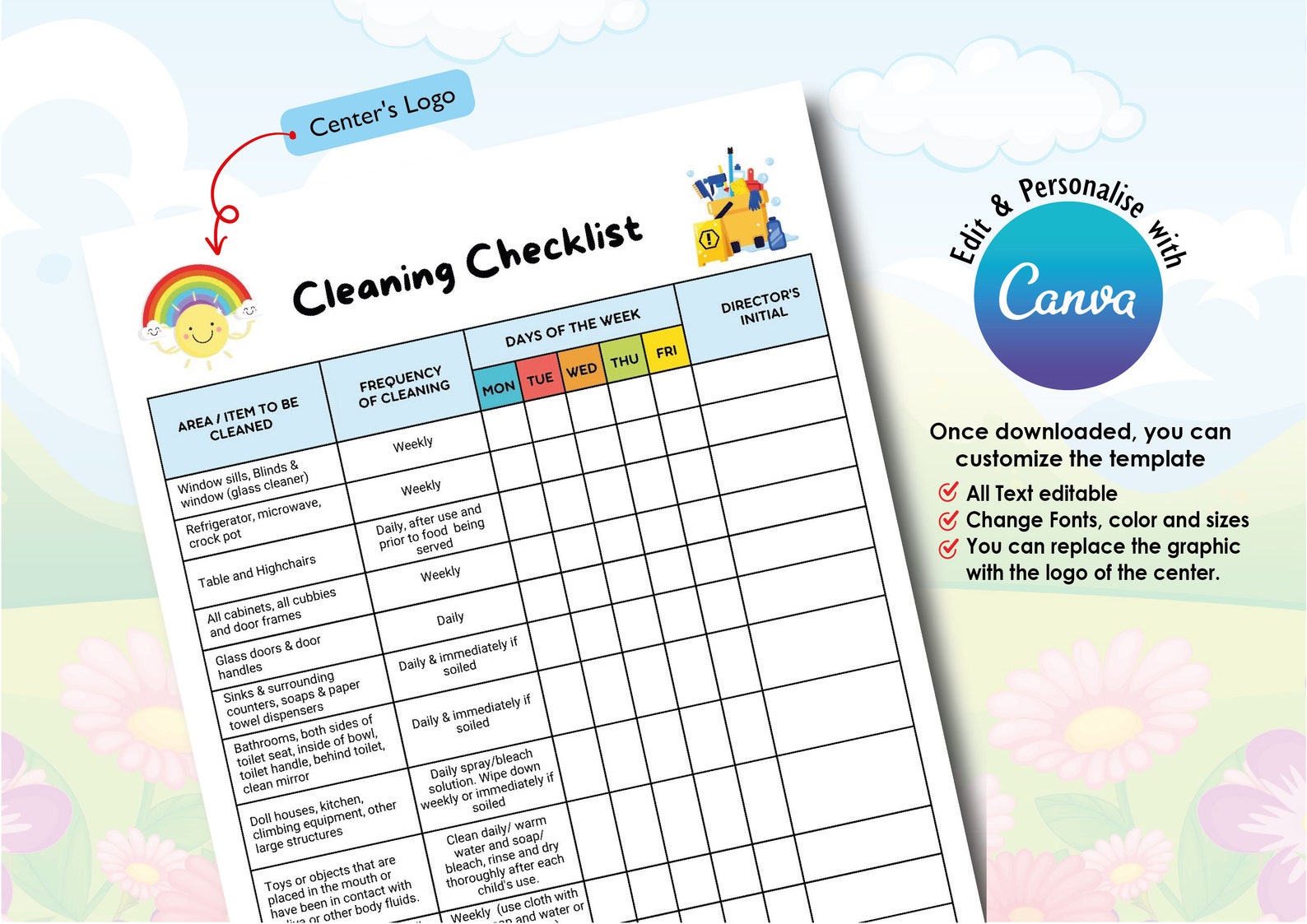 Daycare Cleaning Checklist: Editable Weekly Routine (digital Download ...