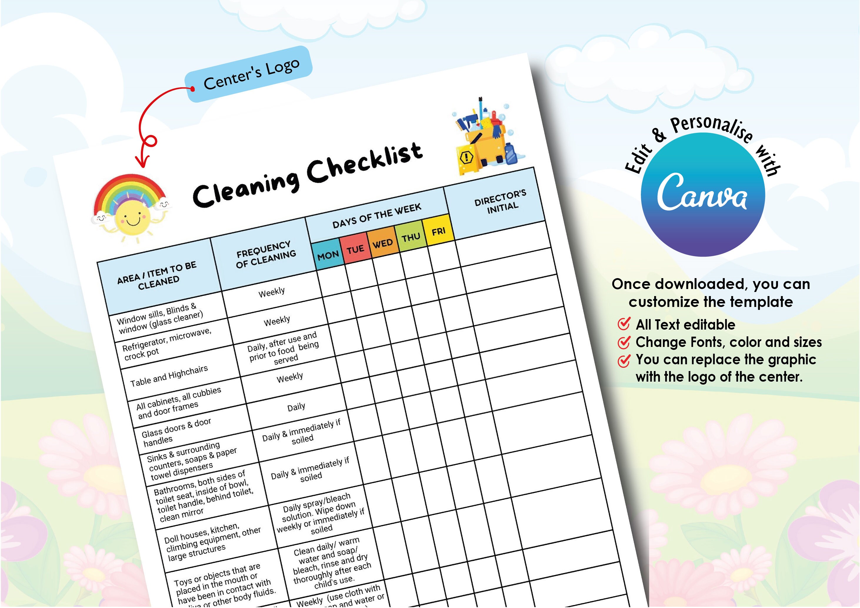 Daycare Cleaning Checklist | Editable and Printable Cleaning Record ...
