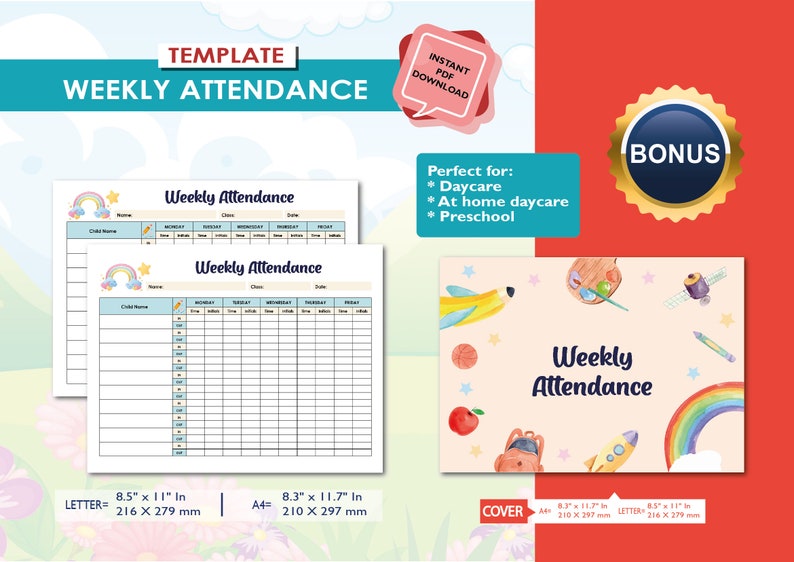 Weekly Attendance Sheet | Daycare Forms | PDF Fillable | Preschool ...
