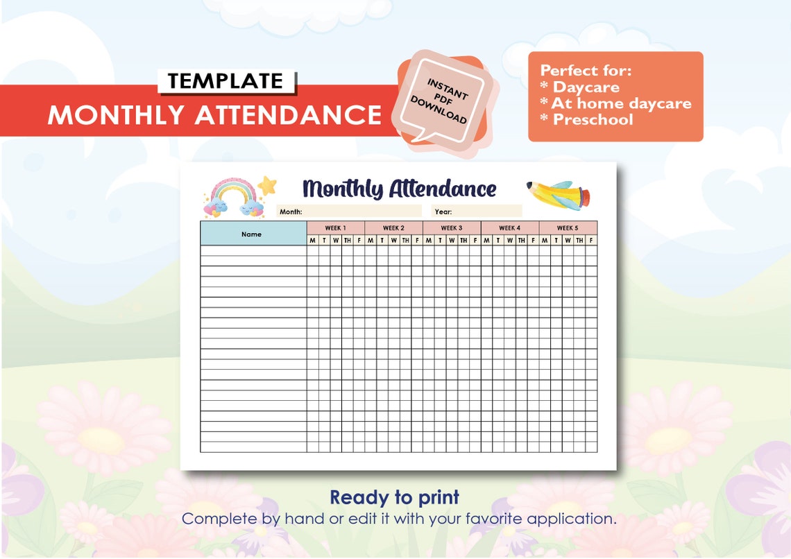 Monthly Attendance Sheet | Daycare Forms | PDF Fillable | Preschool ...