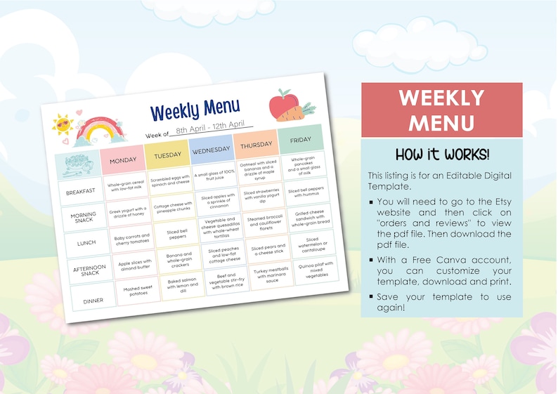Daycare Weekly Menu Printable: Homeschool Meal Planner (canva Template ...