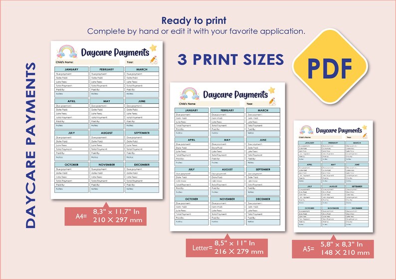 Daycare Payments, Bill Payment Tracker,tuition Log, Ideal for Daycare ...