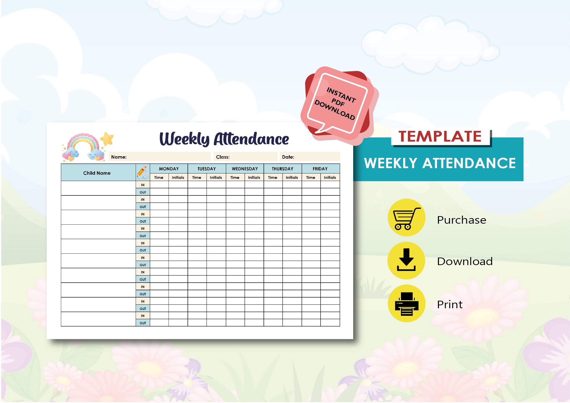 Weekly Attendance Sheet | Daycare Forms | PDF Fillable | Preschool ...