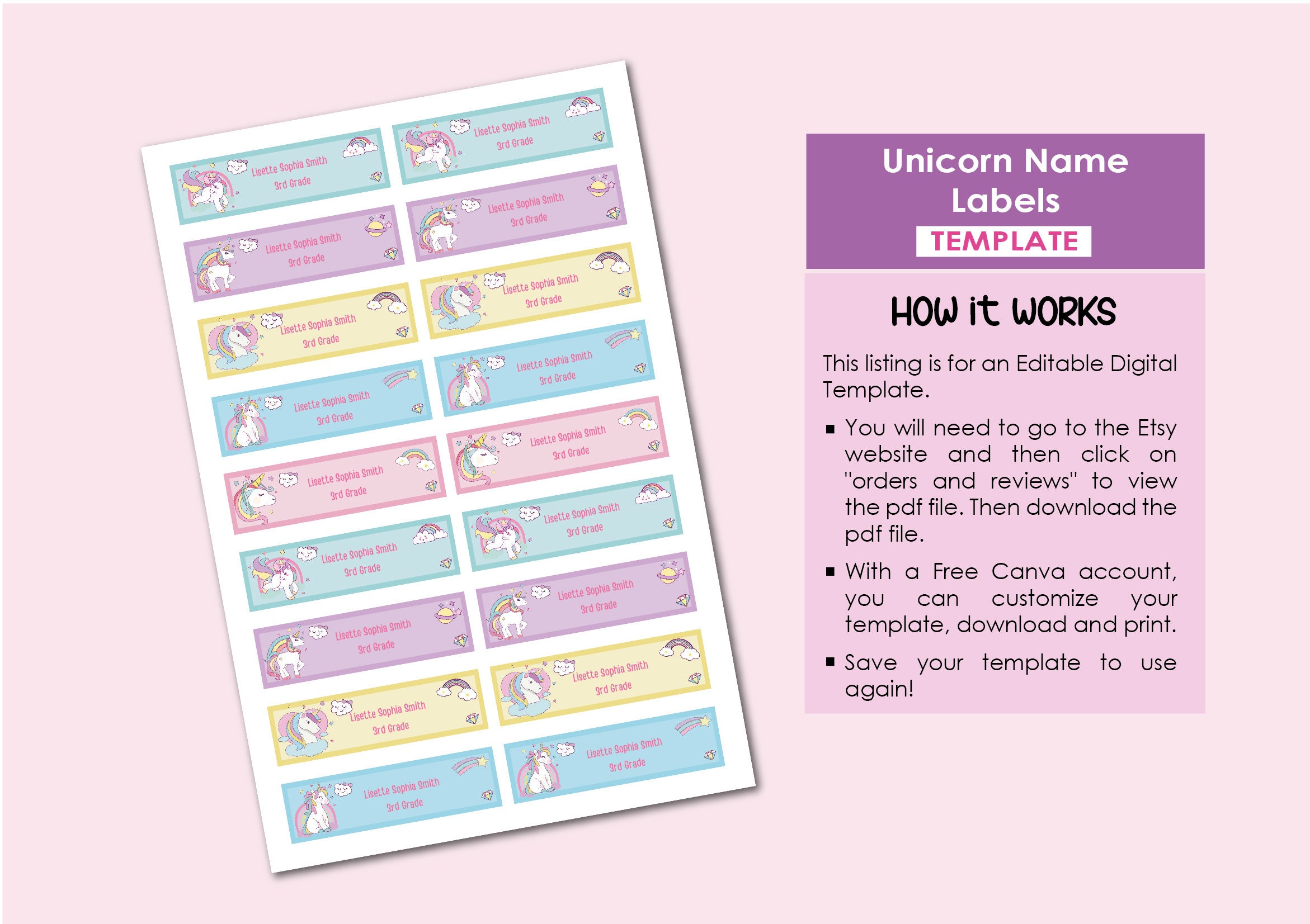 Unicorn Name Labels: Editable School Stickers (digital Download) - Etsy