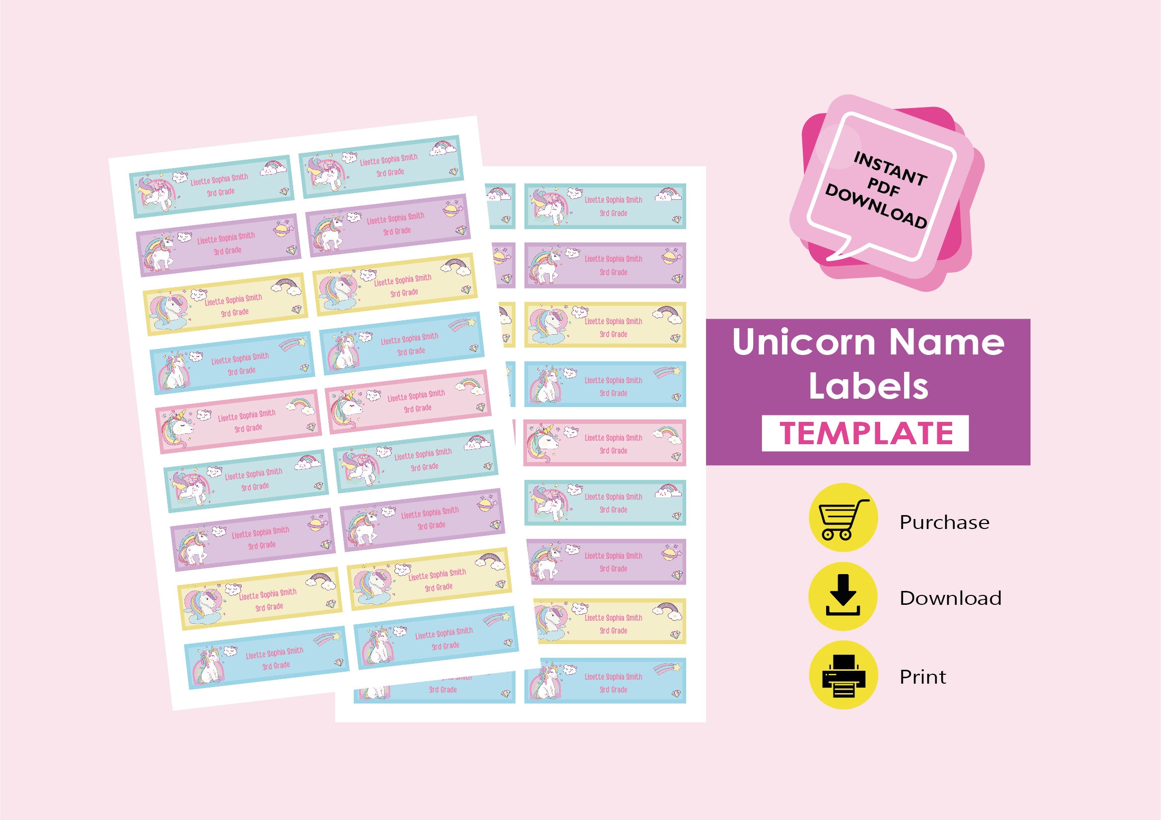 Unicorn Name Labels: Editable School Stickers (digital Download) - Etsy