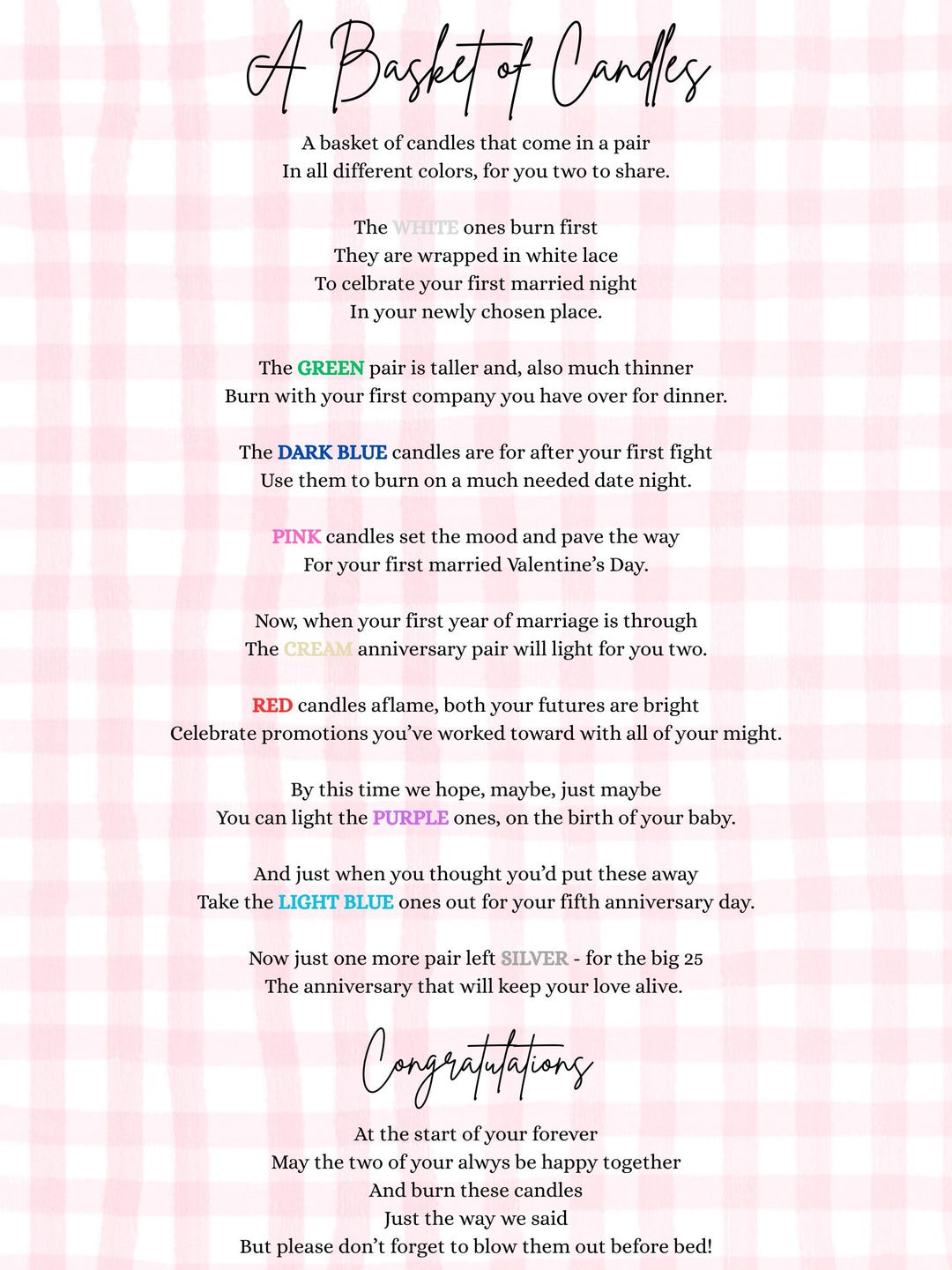 A Basket of Candles Poem; Wedding Shower Gift; Bridal Shower; Couple ...