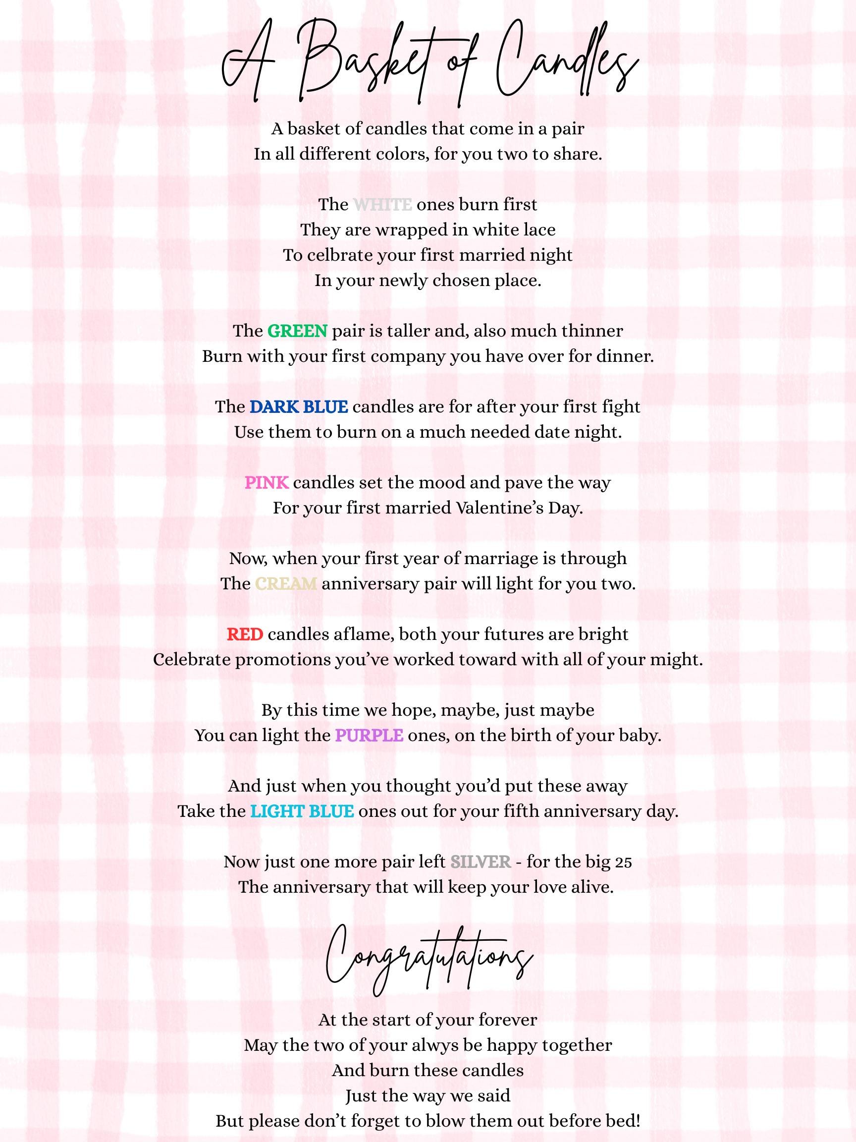 A Basket of Candles Poem; Wedding Shower Gift; Bridal Shower; Couple ...