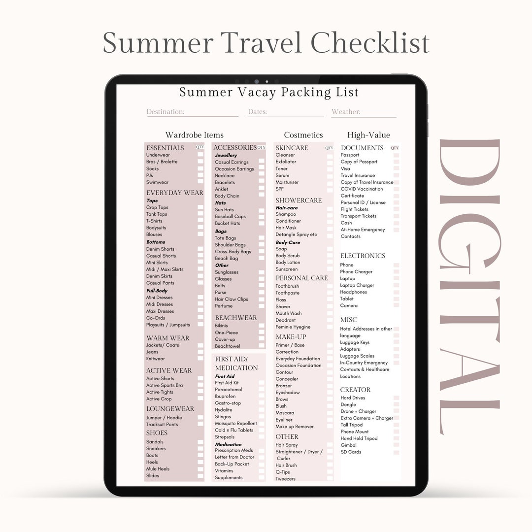 The Ultimate SUMMER VACATION CHECKLIST Digital Travel Planner, Travel ...