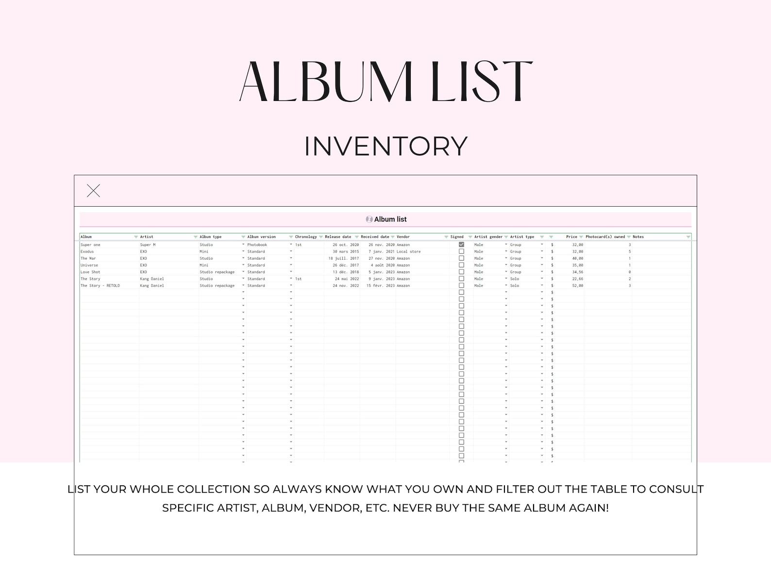 Kpop Album Collection Spreadsheet Template - Etsy