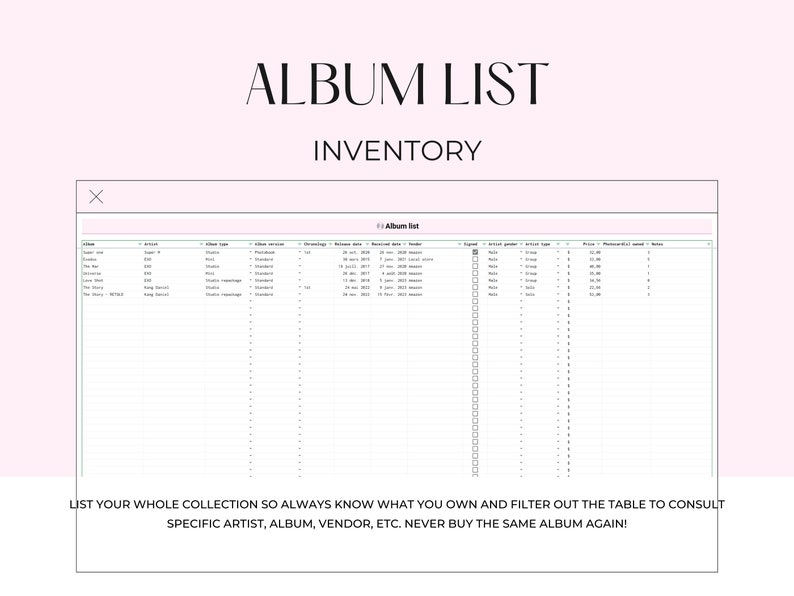 Kpop Album Collection Spreadsheet Template - Etsy