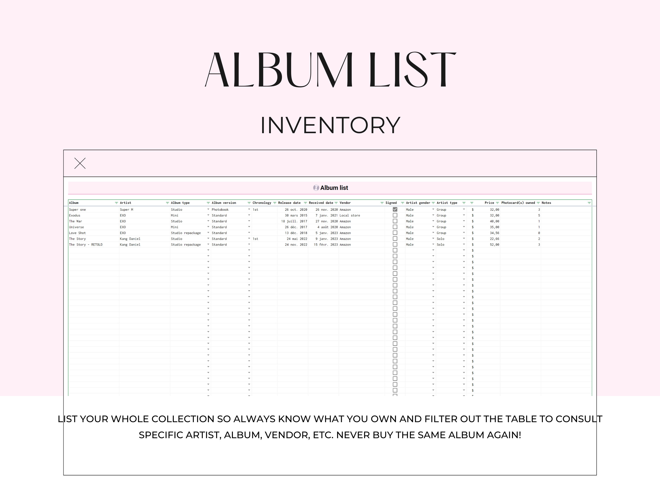 Kpop Album Collection Spreadsheet Template - Etsy
