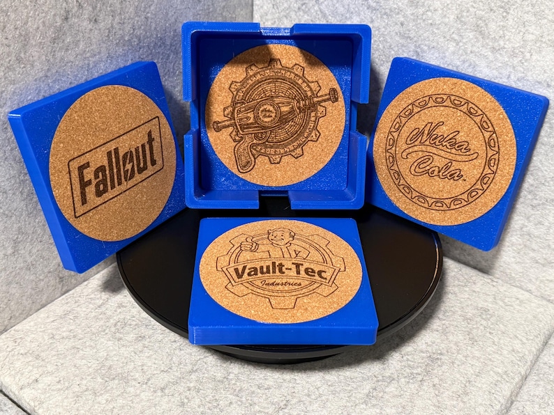 Fallout Inspired 3D Printed Coaster Set | Engraved Cork, Built-in ...